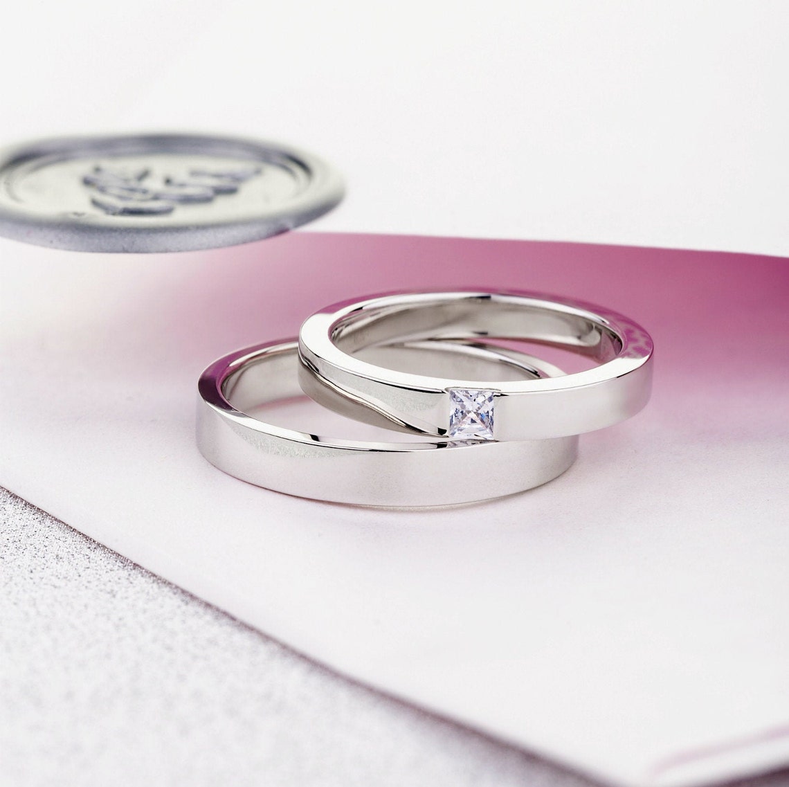 Simple White Gold Wedding Bands With Diamond. His and Hers - Etsy