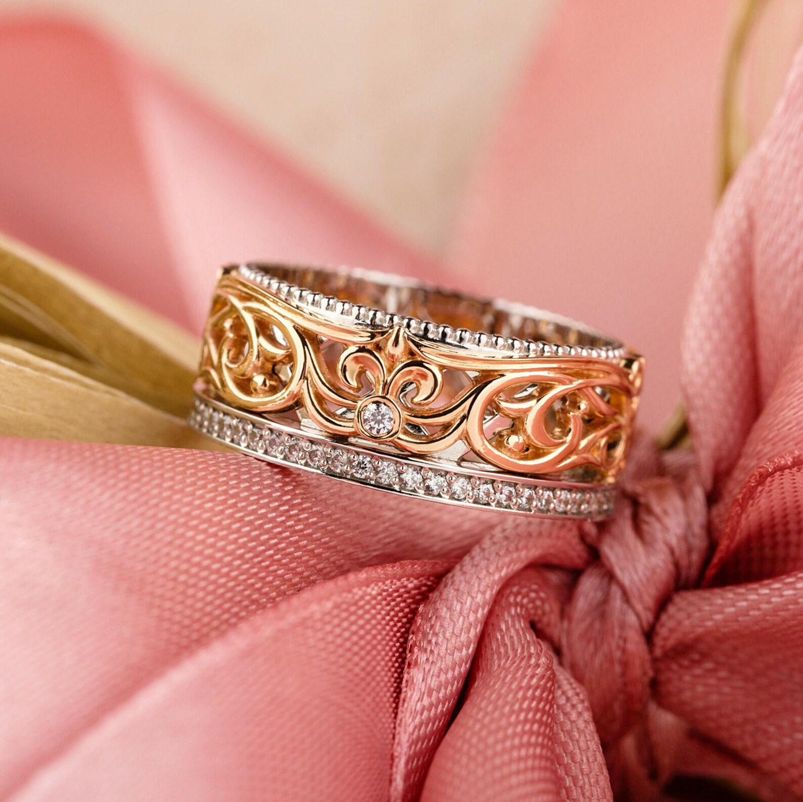 Two Tone Womens Wedding Ring With Floral Desing. Unique - Etsy