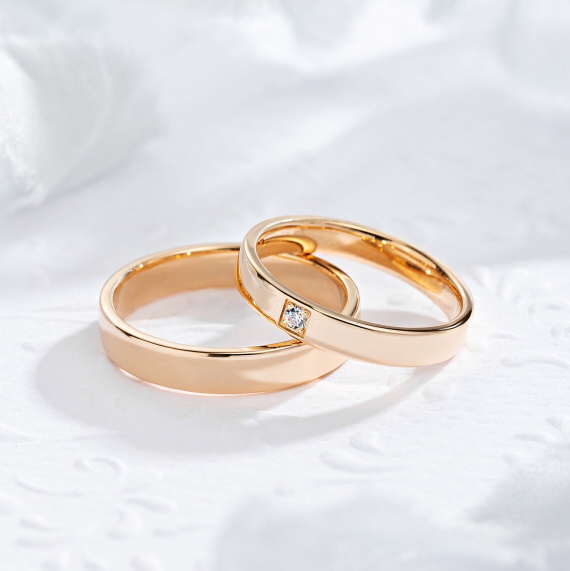 14k Gold Wedding Rings Set With Diamond. Solid Gold Plain - Etsy