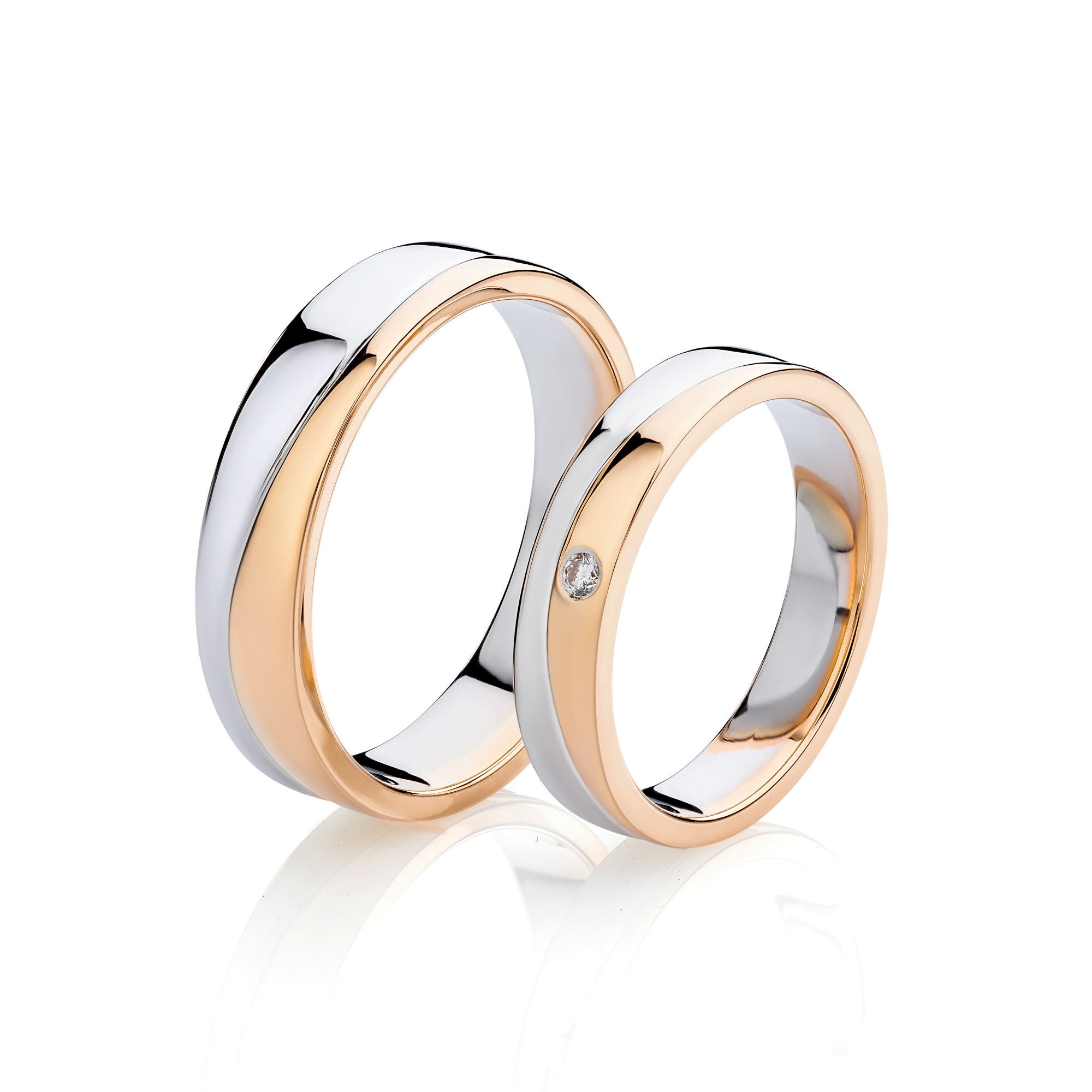 Two Tone Wedding Bands With Diamond. His and Hers Wedding Rings. Mixed ...