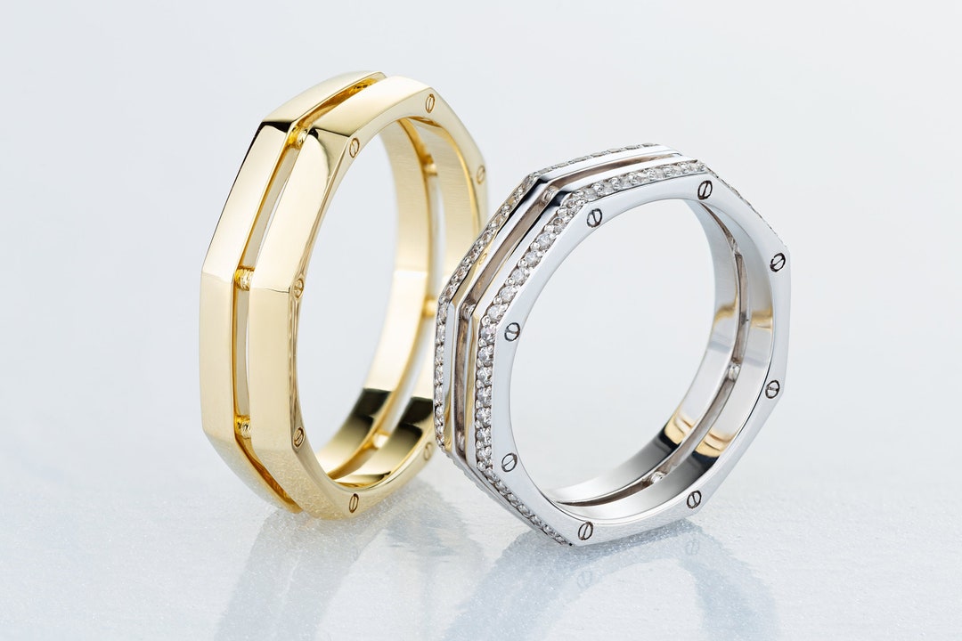 Unique Wedding Rings Set Made of Solid Gold. Matching Wedding - Etsy