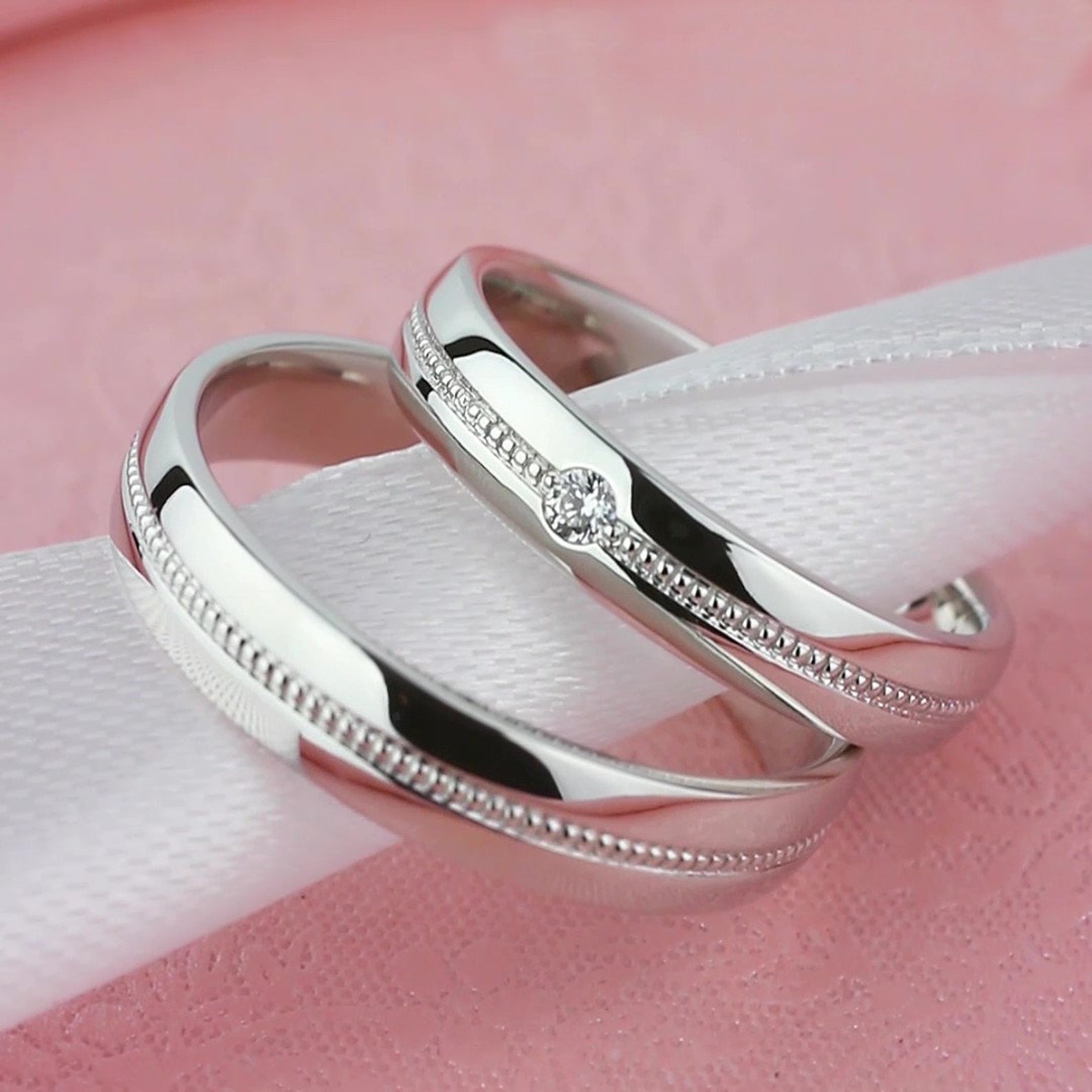 White Gold Wedding Bands Set. Matching Wedding Bands. Couple Wedding ...