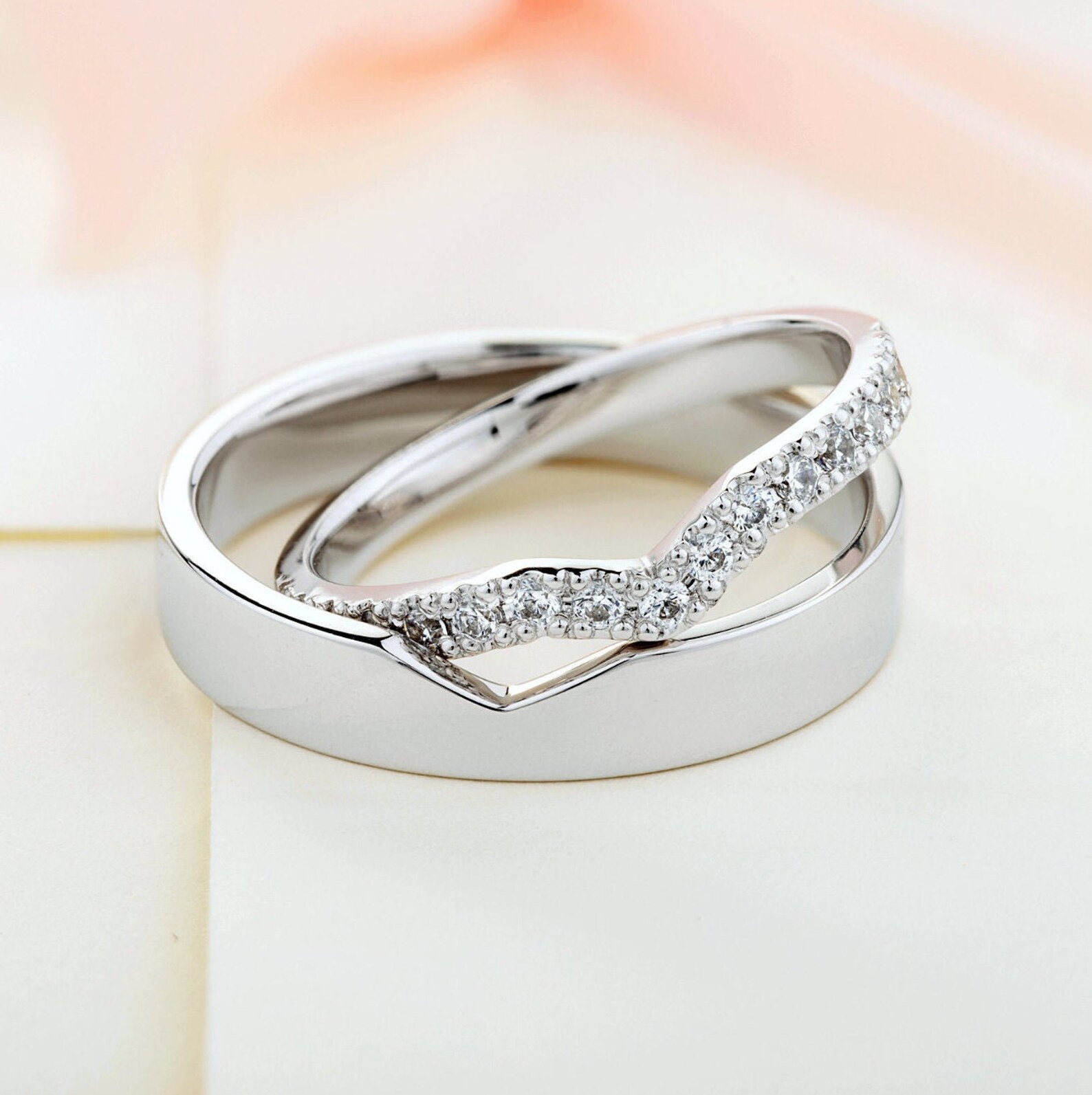 Beautiful Matching Wedding Bands With Diamonds in Her Ring. - Etsy