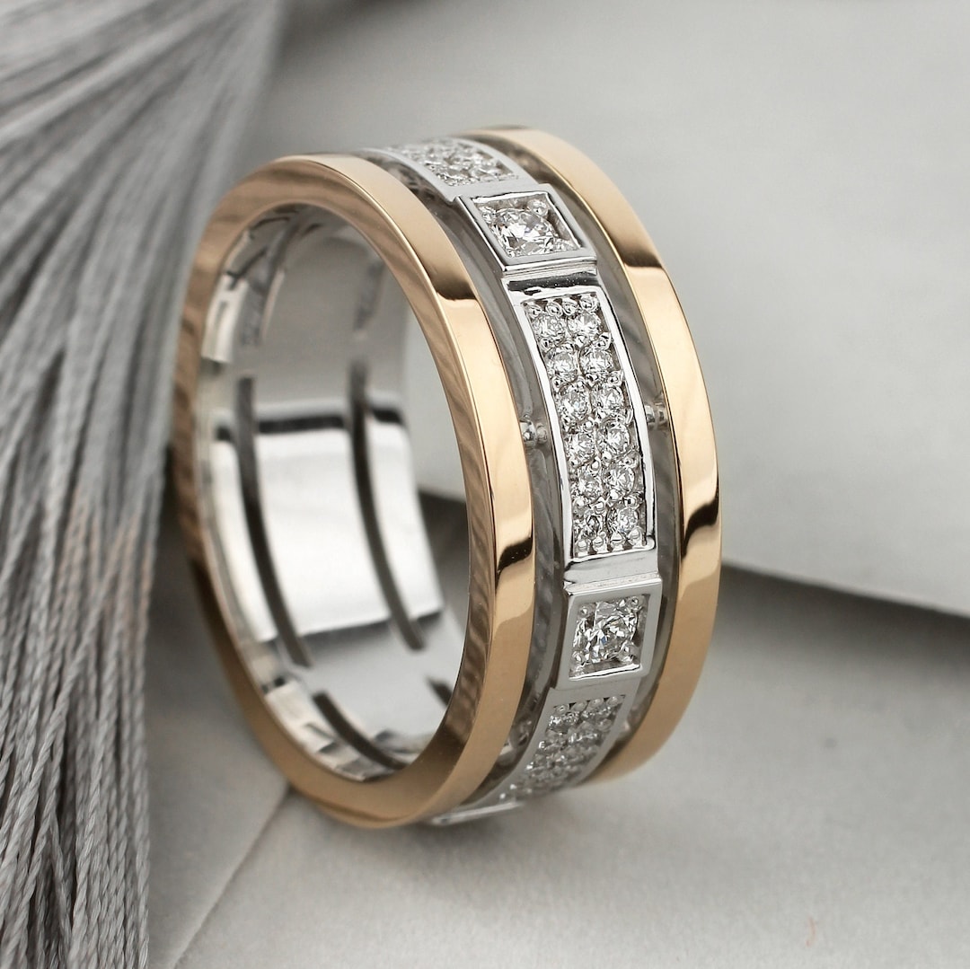 Women's Wedding Band With Diamonds. Unique Wedding Band. Two Tone ...