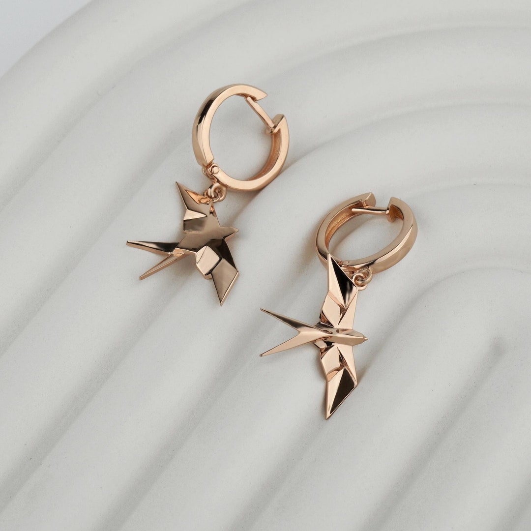 14k Gold Bird Earrings. Gold Origami Bird Earrings. Unique Gold ...