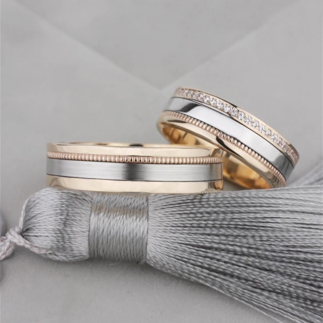 Matching Wedding Bands Made of Two Colors of Gold. Unique - Etsy