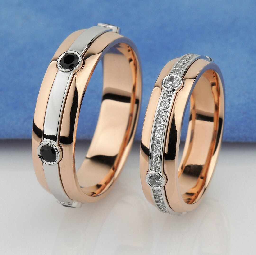 Two-tone Matching Wedding Bands With Black and White Diamonds. Unique ...