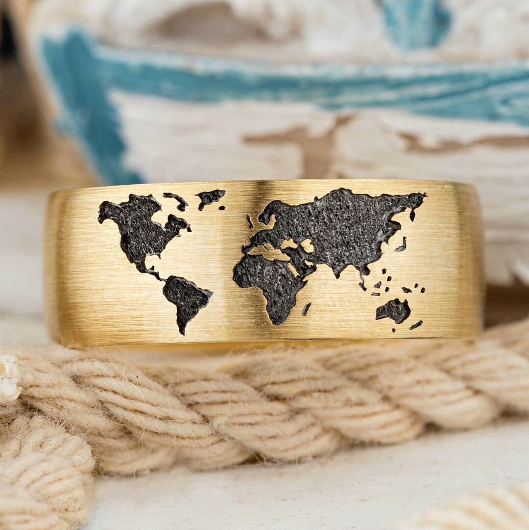 14k Gold Wedding Band With World Map. Unique Solid Gold Ring. Gold Ring ...