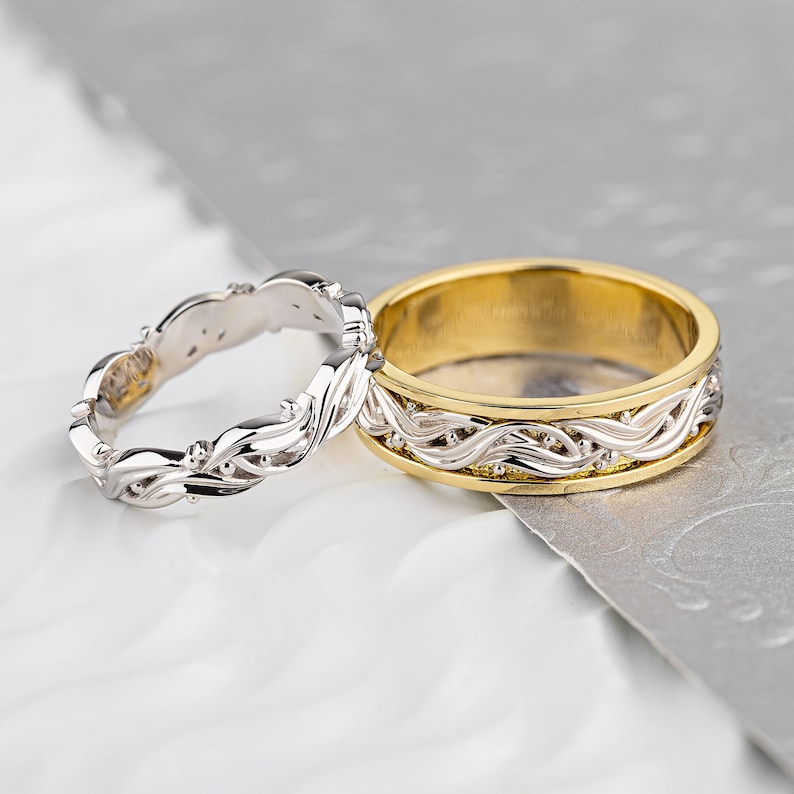 Unique Wedding Bands Set. Couple Wedding Bands. Gold Wedding - Etsy
