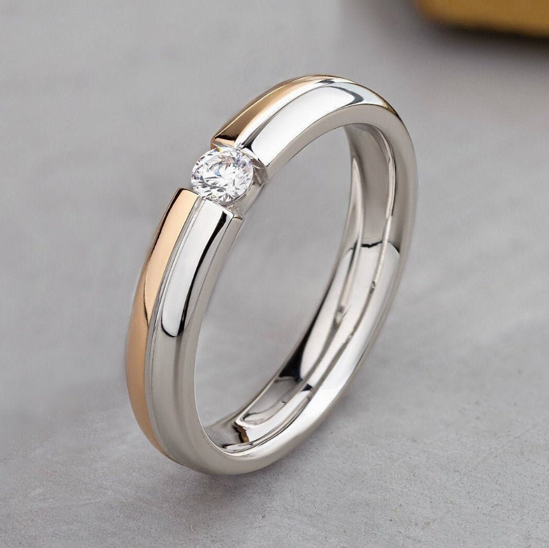 Womens Two-tone Gold Wedding Band With Diamond. Wedding Ring for Women ...