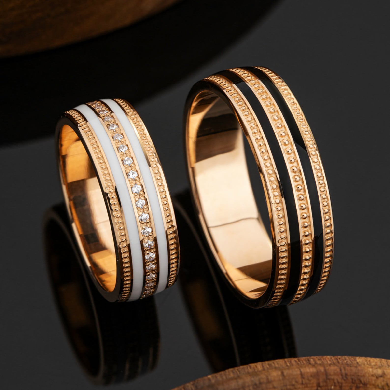 Unique Gold Wedding Bands With White and Black Enamel. Couple | Etsy