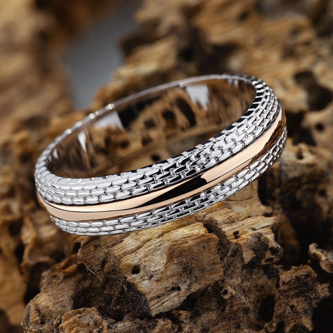 Mens Wedding Ring With Unique Design. Mens Wedding Band White and Gold ...