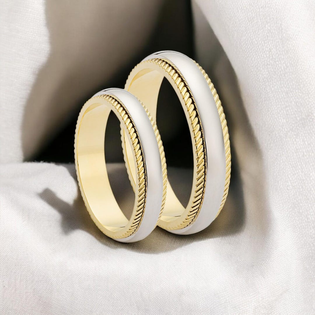 Two-tone Gold Rings Set. 14k Gold Wedding Bands Set. His and Hers Rings ...