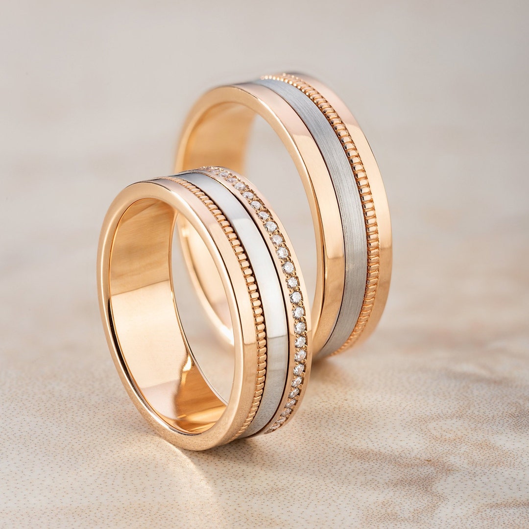 Two-tone Wedding Bands Set. Unique Wedding Bands. Matching - Etsy