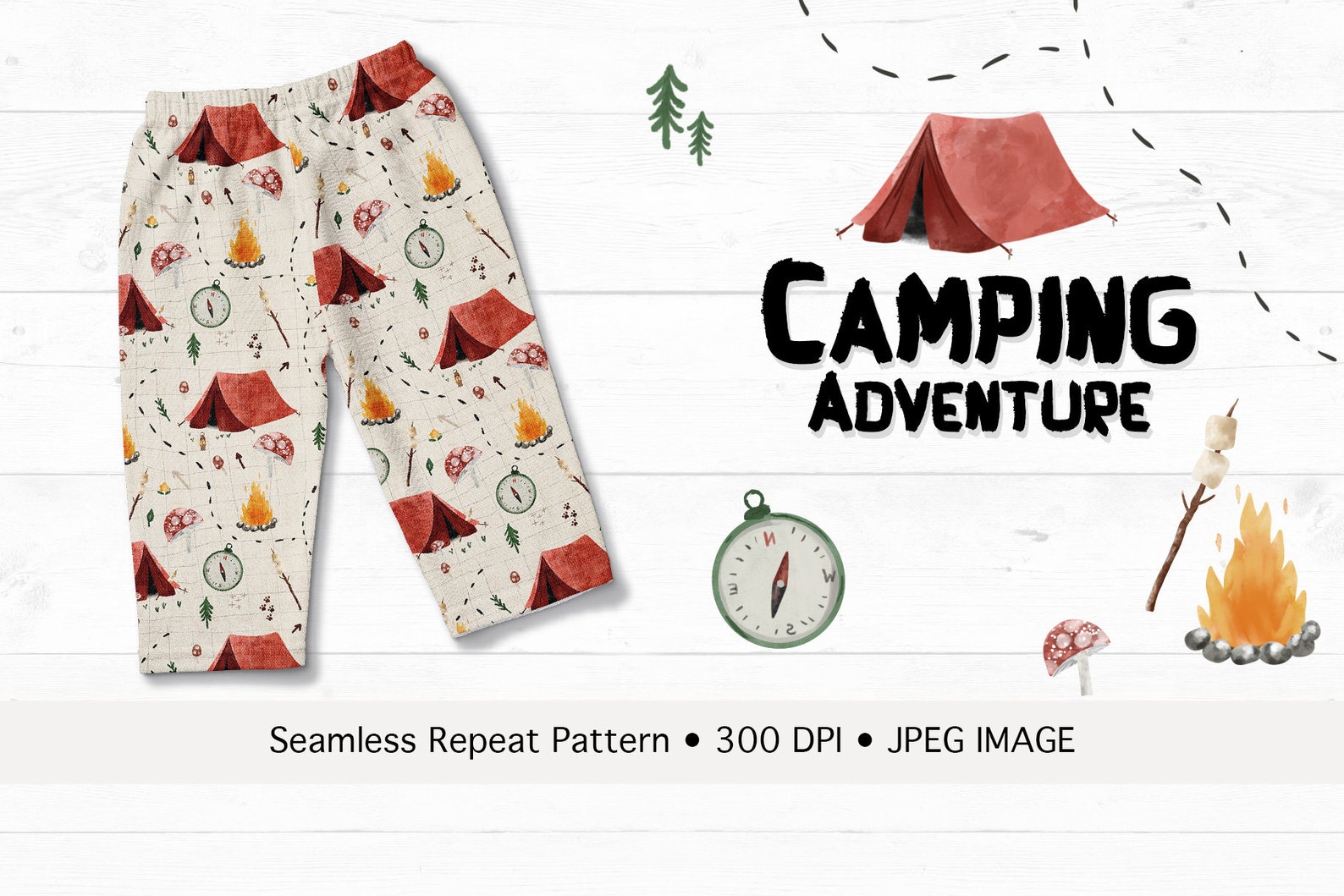 Camping Adventure Cream Grids Seamless Pattern / Fabric Design ...