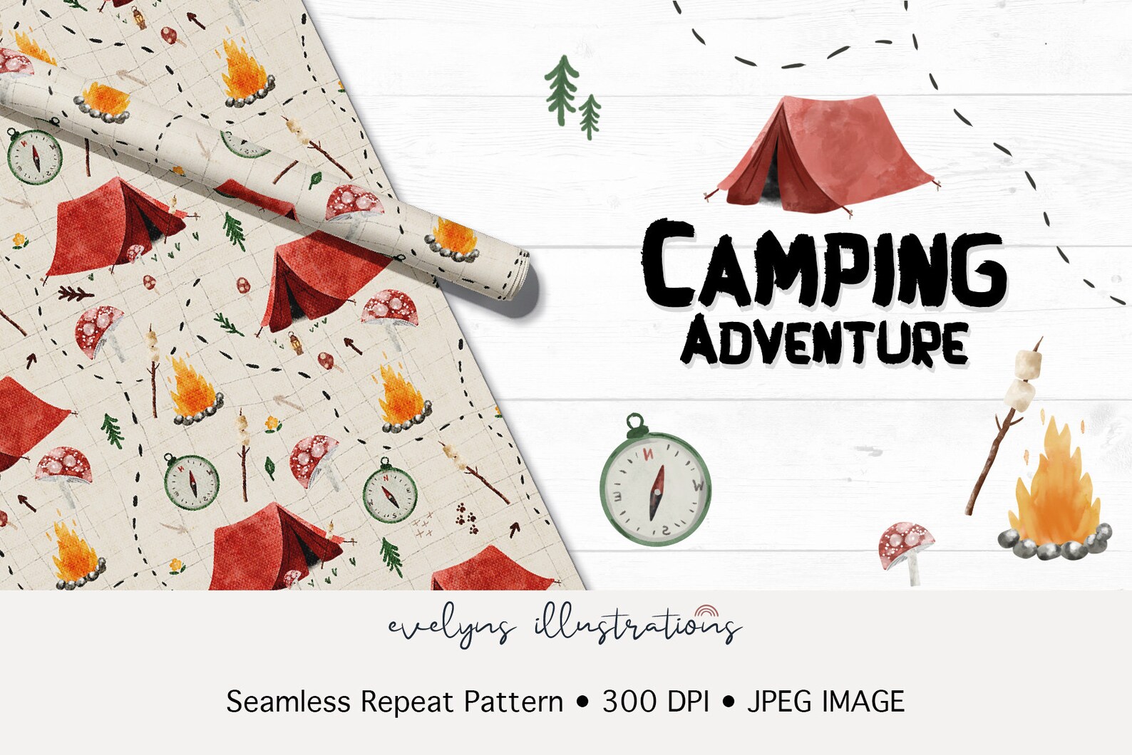 Camping Adventure Cream Grids Seamless Pattern / Fabric Design ...