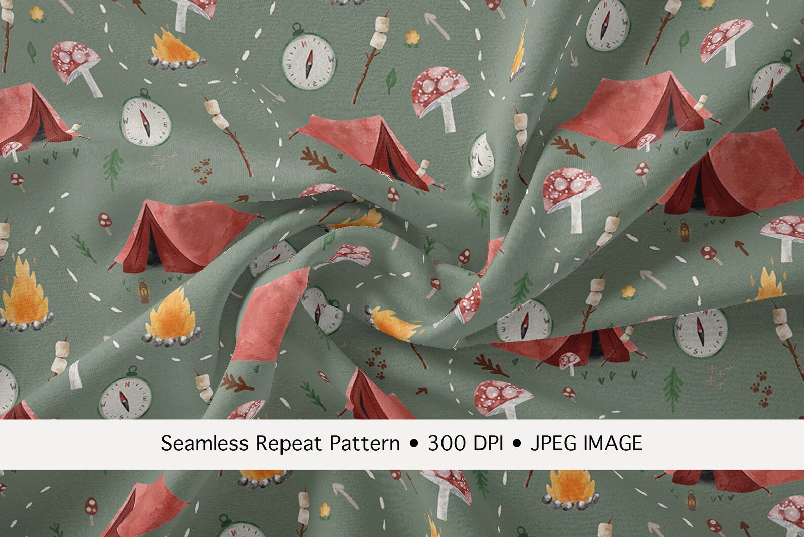 Camping Adventure Green Seamless Pattern / Fabric Design / Surface ...
