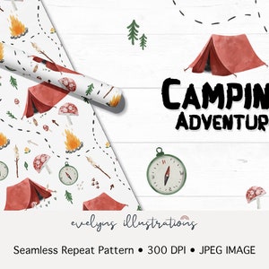 Camping Adventure White Seamless Pattern / Fabric Design / Surface ...