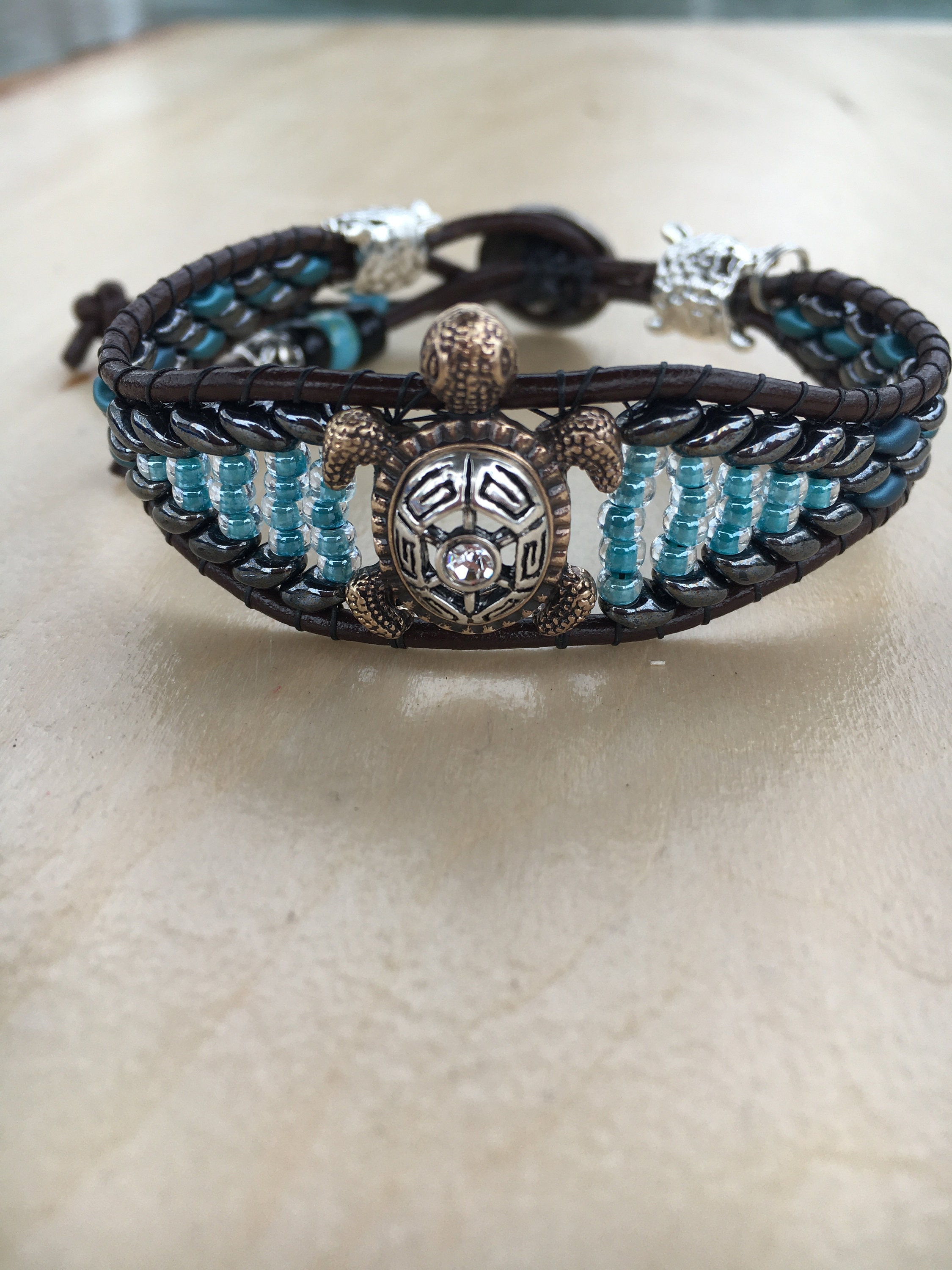 Turtle Leather Wrap Bracelet Turquoise Beaded Wrap Cuff - Etsy