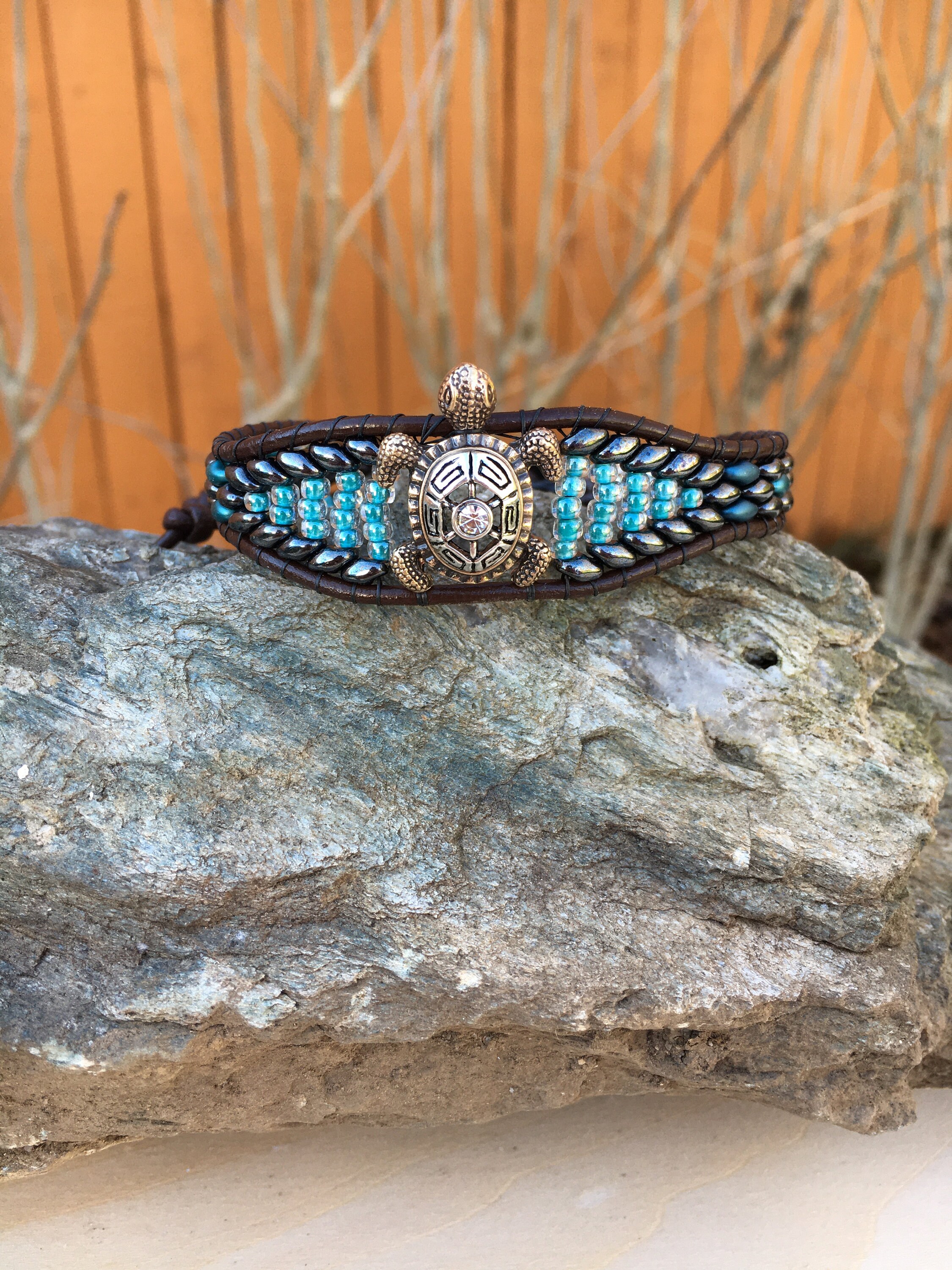 Turtle Leather Wrap Bracelet Turquoise Beaded Wrap Cuff - Etsy