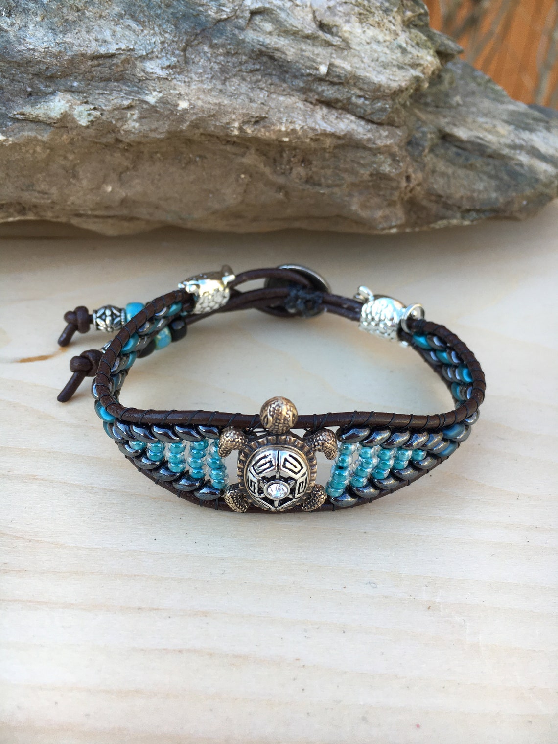 Turtle Leather Wrap Bracelet Turquoise Beaded Wrap Cuff | Etsy