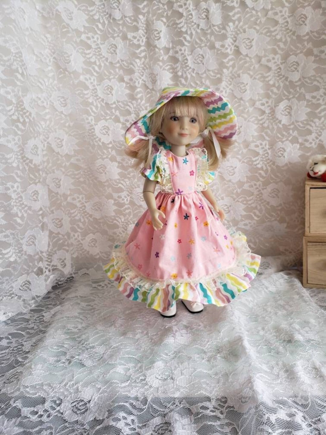 Ruby Red Siblies, Pink Floral Ruffled Country Dress and Hat Set ...