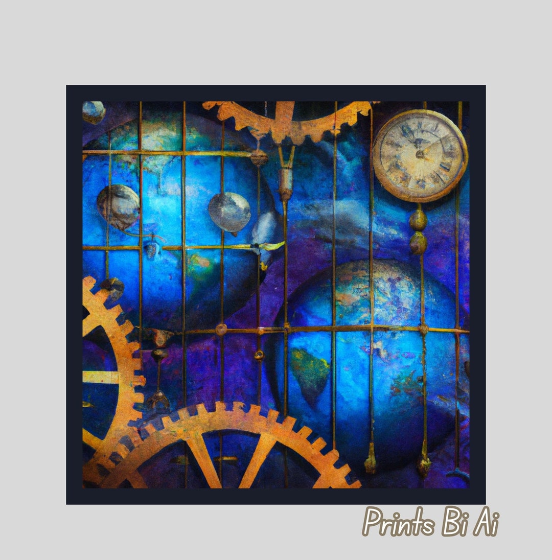 Steampunk World Map Wall Art Decor Old World Map With Clock and Gears ...