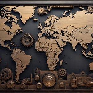 Unique Steampunk-inspired World Map, Wall Art Decor, Gift for Him ...