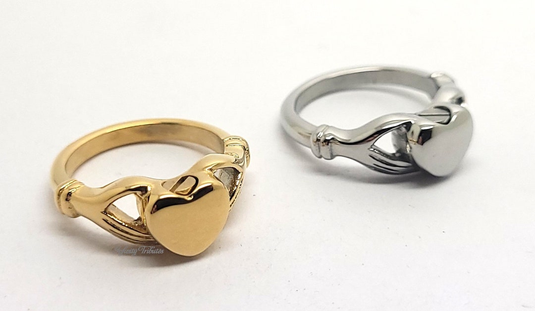 Claddagh Cremation Urn Finger Ring - Silver or 24k Gold Plated Keepsake ...