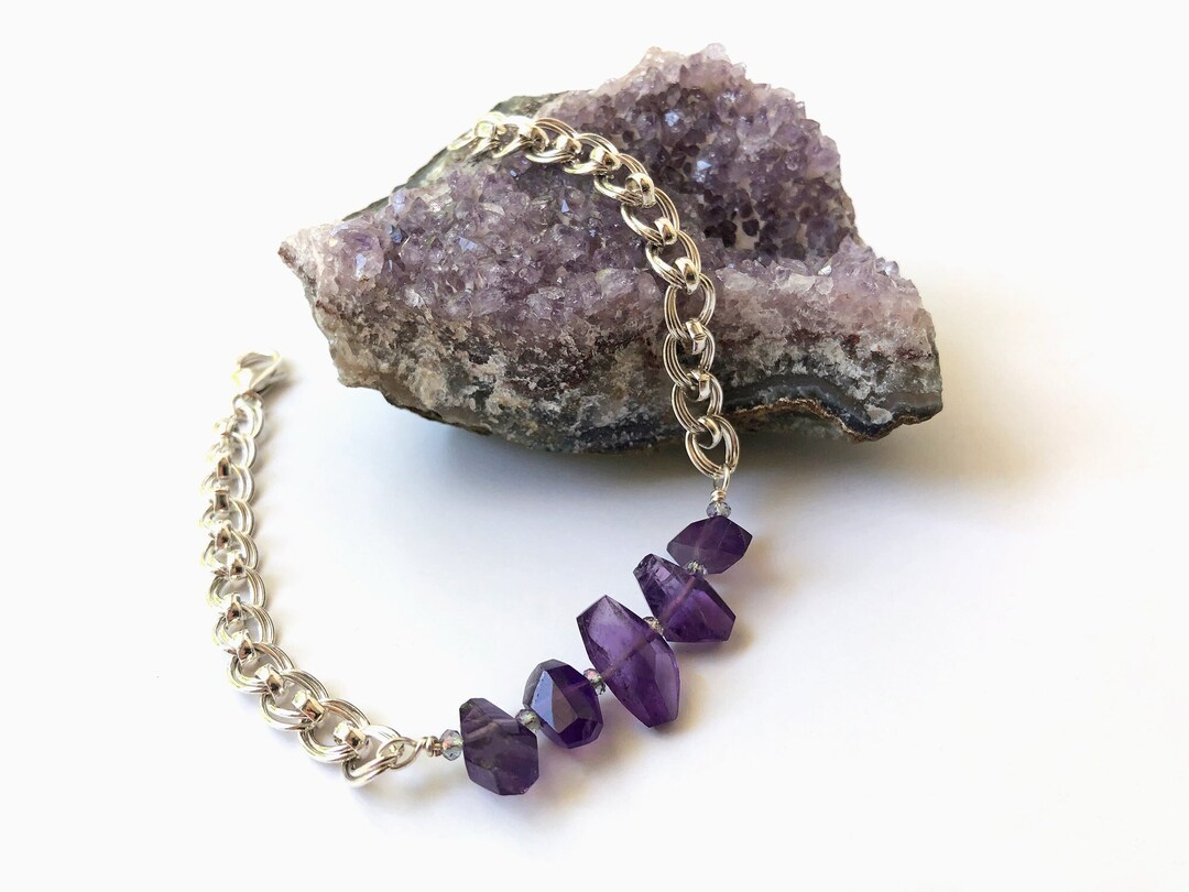 Purple Amethyst Gemstone and Chain Bracelet, February Birthstone ...