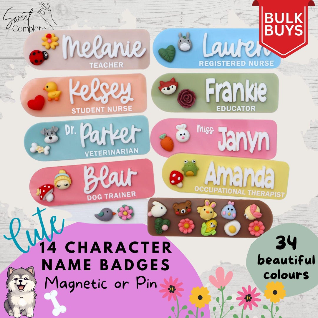 Cute Character Work Name Badge - Dog Name Badge - Flower Work Badge ...