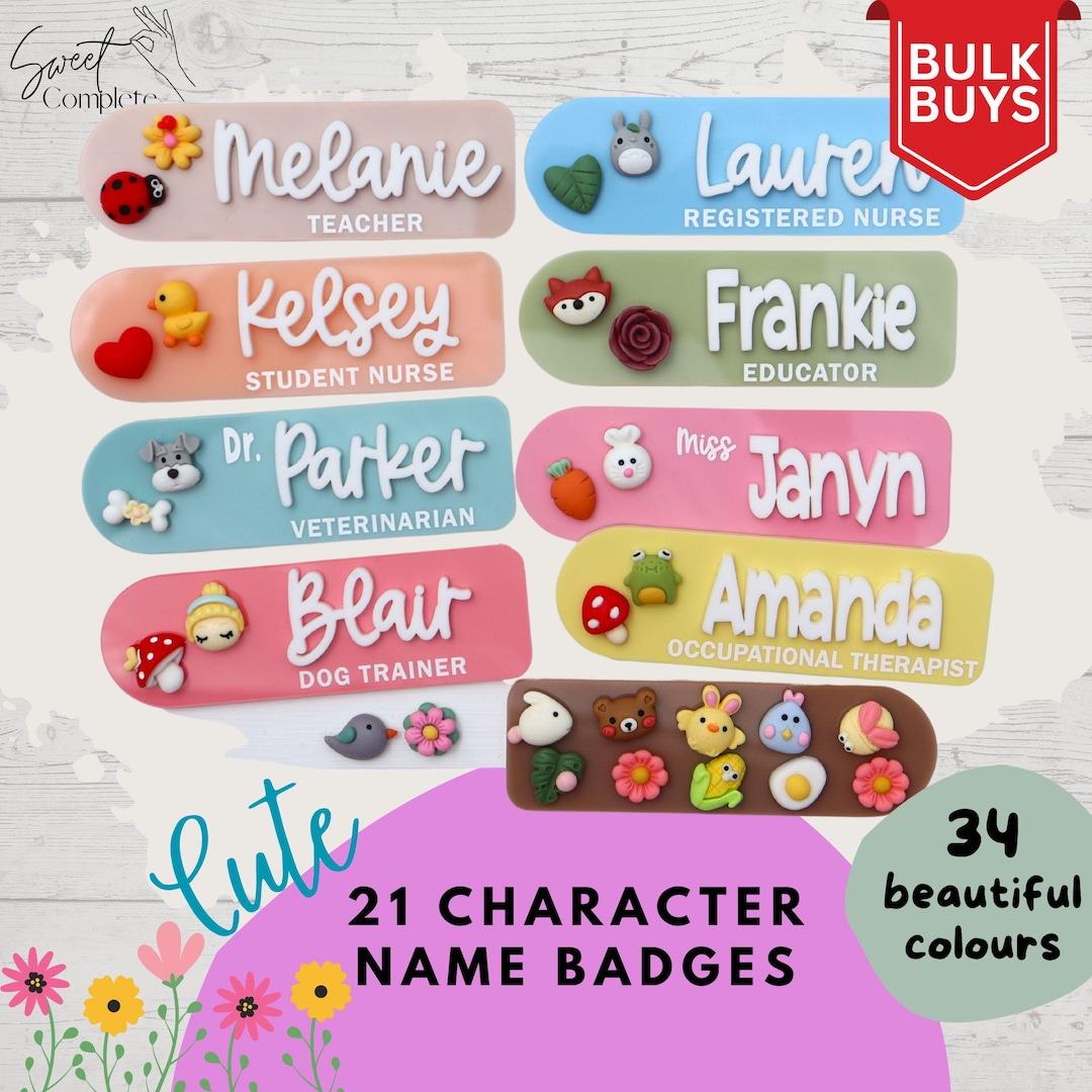 Cute Character Work Name Badge - Dog Name Badge - Flower Work Badge ...