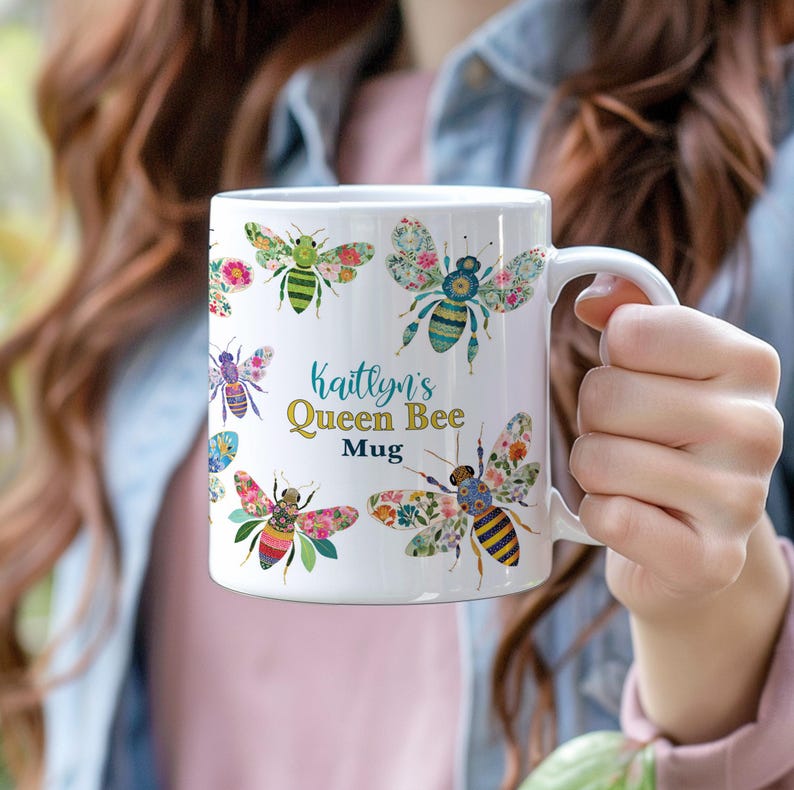 Custom Queen Bee Mug With Floral Folk Art Bees - Personalised Color ...