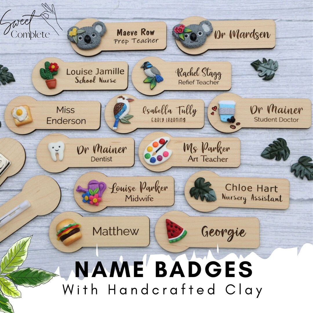 Wooden Clay Figure Name Badge - Custom Name Badge - Magnetic Badge ...