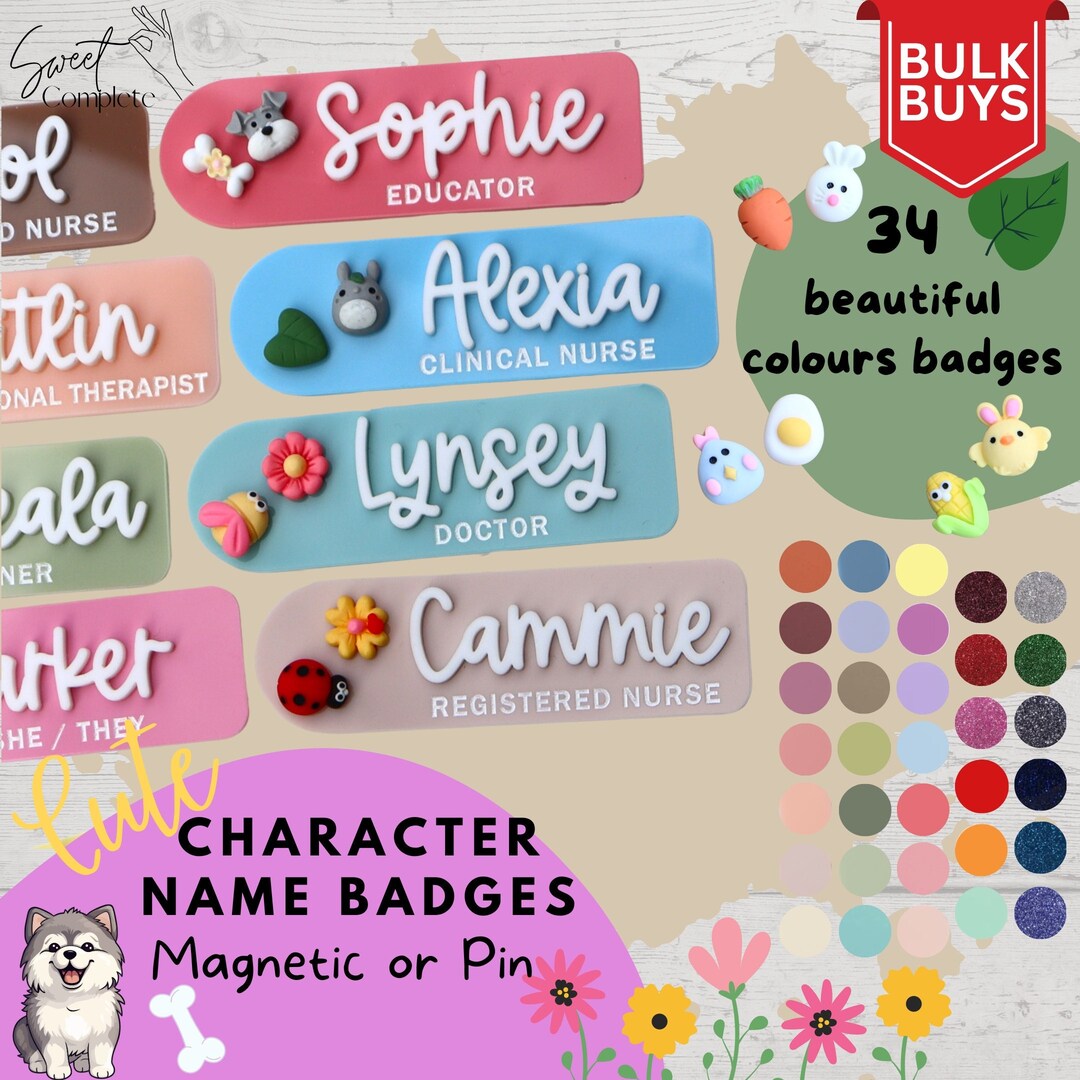 Cute Character Work Name Badge Dog Name Badge Flower Work Badge Nurse ...