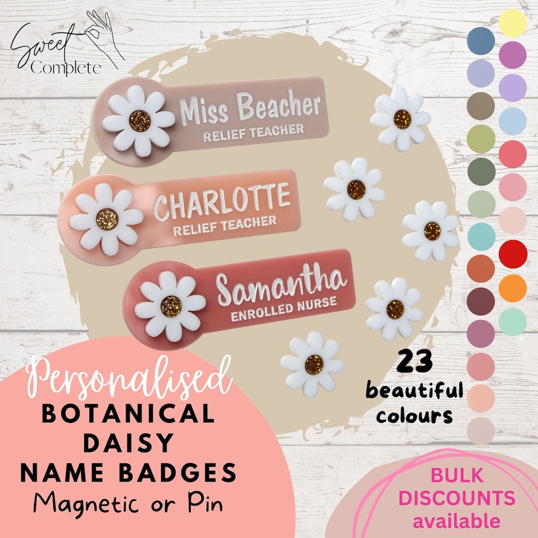 Personalised Work Name Coloured Daisy Badge - Custom Work Badge - Daisy ...