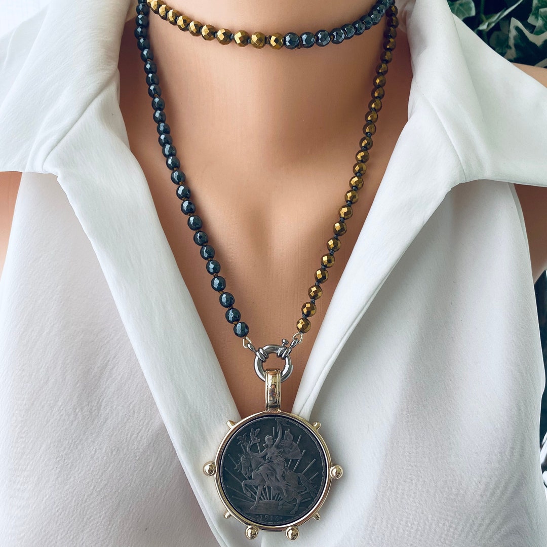 Hand Knotted Hematite Necklace and Chunky Repro Mexican Peso Coin ...