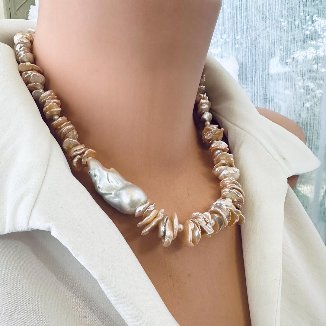 Freshwater Keshi Pearl Necklace in Peach Color With White Large Baroque ...