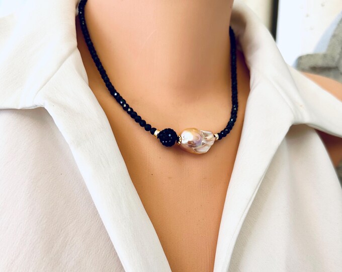 Festive Black Spinel and Golden Pink Baroque Pearl Beaded Necklace With ...