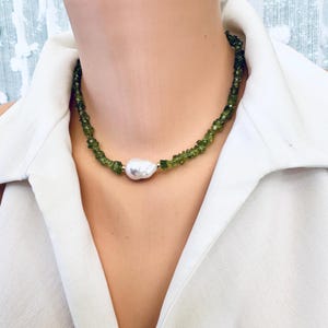 Peridot and Baroque Pearl Necklace, Peridot Nugget Beaded Necklace ...