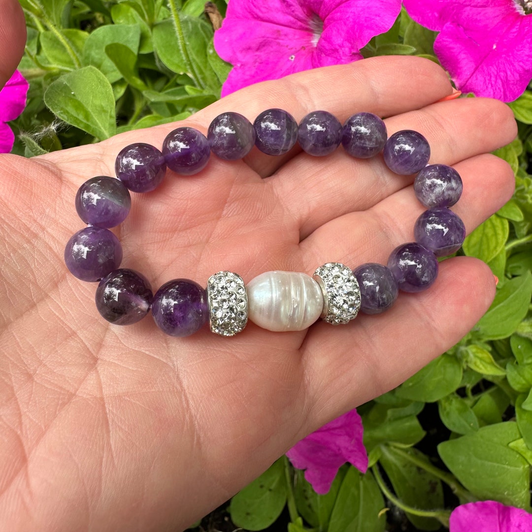 Amethyst & Pearl Stretch Bracelet: Polymer Clay Rhinestones, Handmade ...