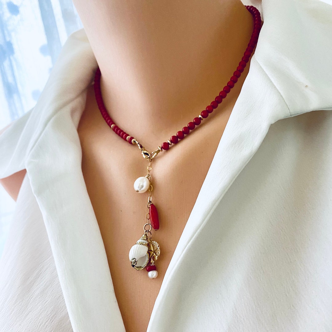 Red Coral Necklace: Gold Filled Chain, Seashell & Pearl Pendant, 16
