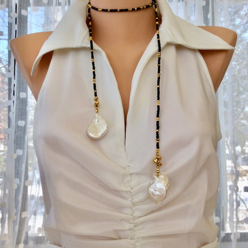Black Spinel Lariat Necklace Gold Pyrite Briolettes Long Etsy