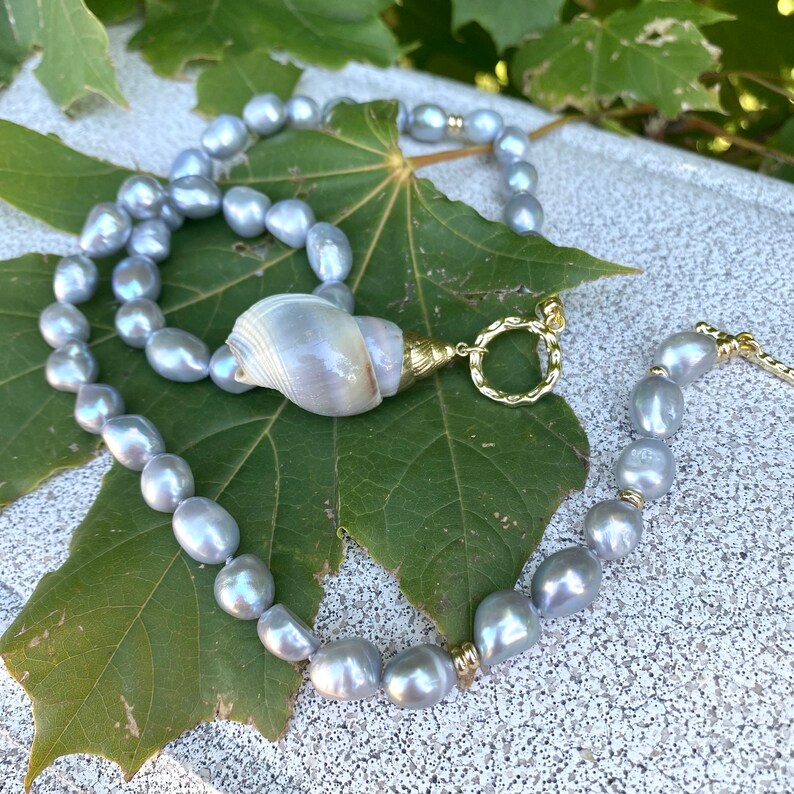 Real Seashell and Freshwater Grey Pearl Beaded Necklace Gray - Etsy