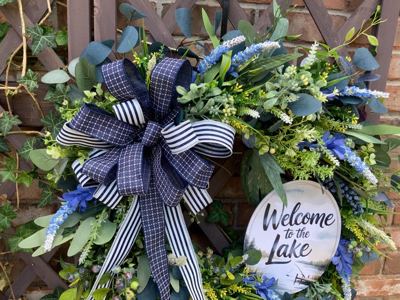 Lake House Wreath, Bluebonnet Faux Flowers, Berries, Welcome Sign ...