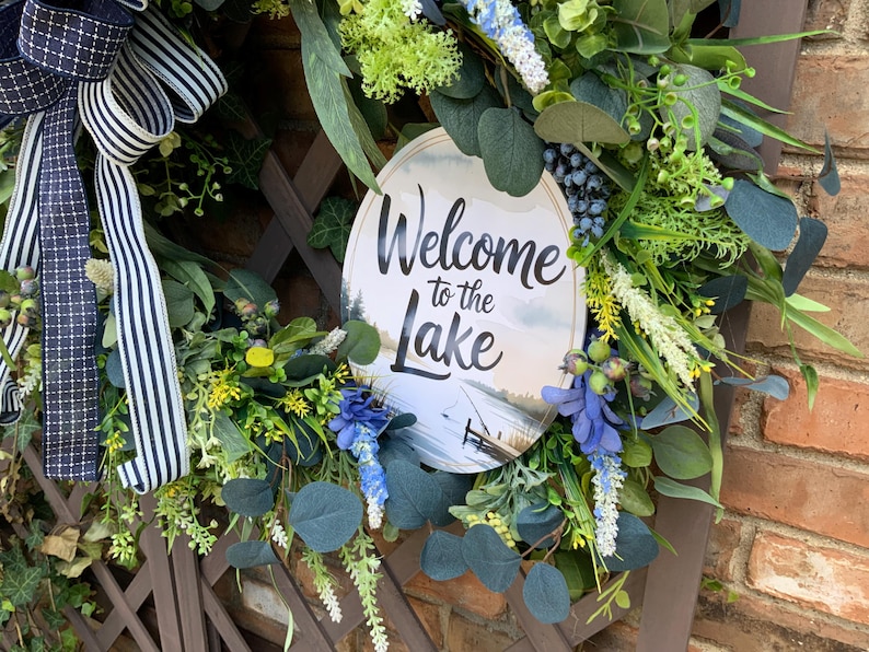 Lake House Wreath, Bluebonnet Faux Flowers, Berries, Welcome Sign ...