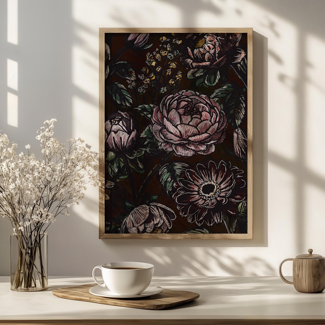 Gothic Hand Drawn Vintage Peony Poster: Botanical Flower Wall Art Print ...
