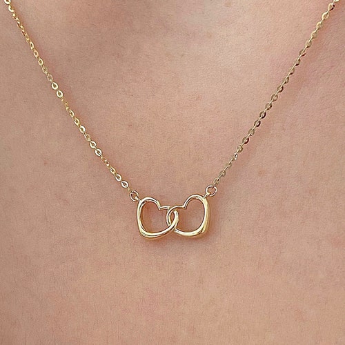 14K Solid Yellow Gold Double Heart Two Open Hearts Pendant - Etsy
