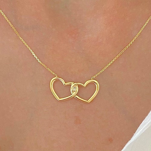 14K Solid Yellow Gold Double Heart Two Open Hearts Pendant - Etsy