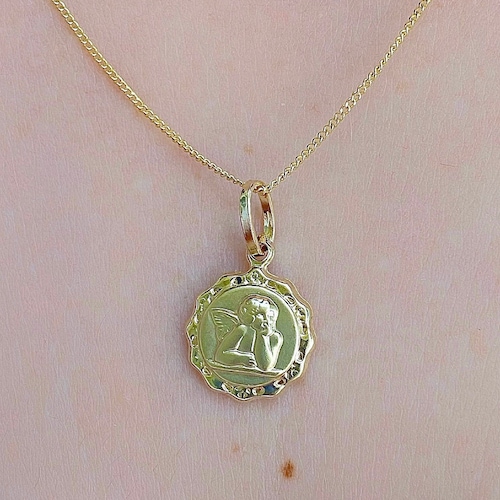 14k Solid Gold Guardian Angel Charm Gold Baby Angel Medal - Etsy